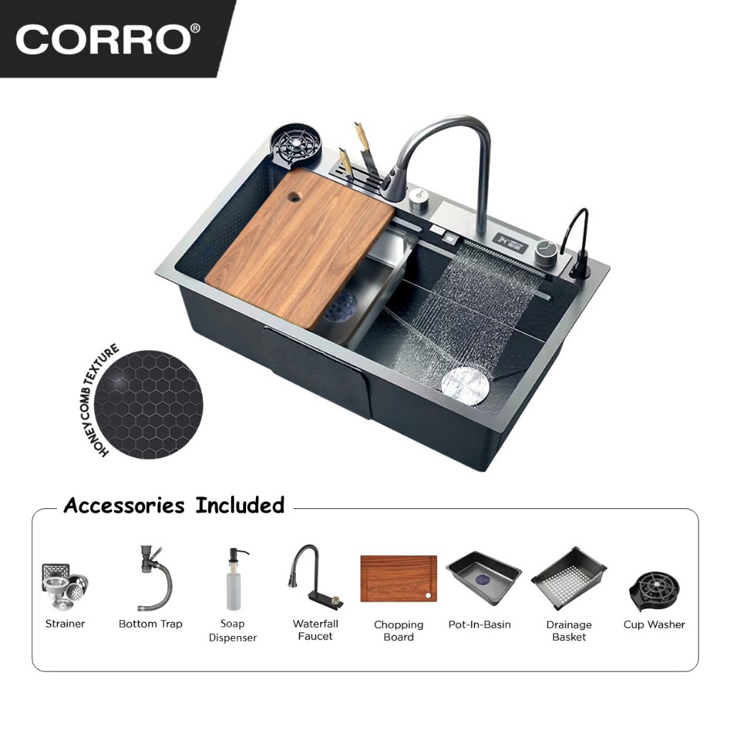 CORRO Honey Comb Nano Waterfall Kitchen Sink Black Single Bowl CH 8046S ...