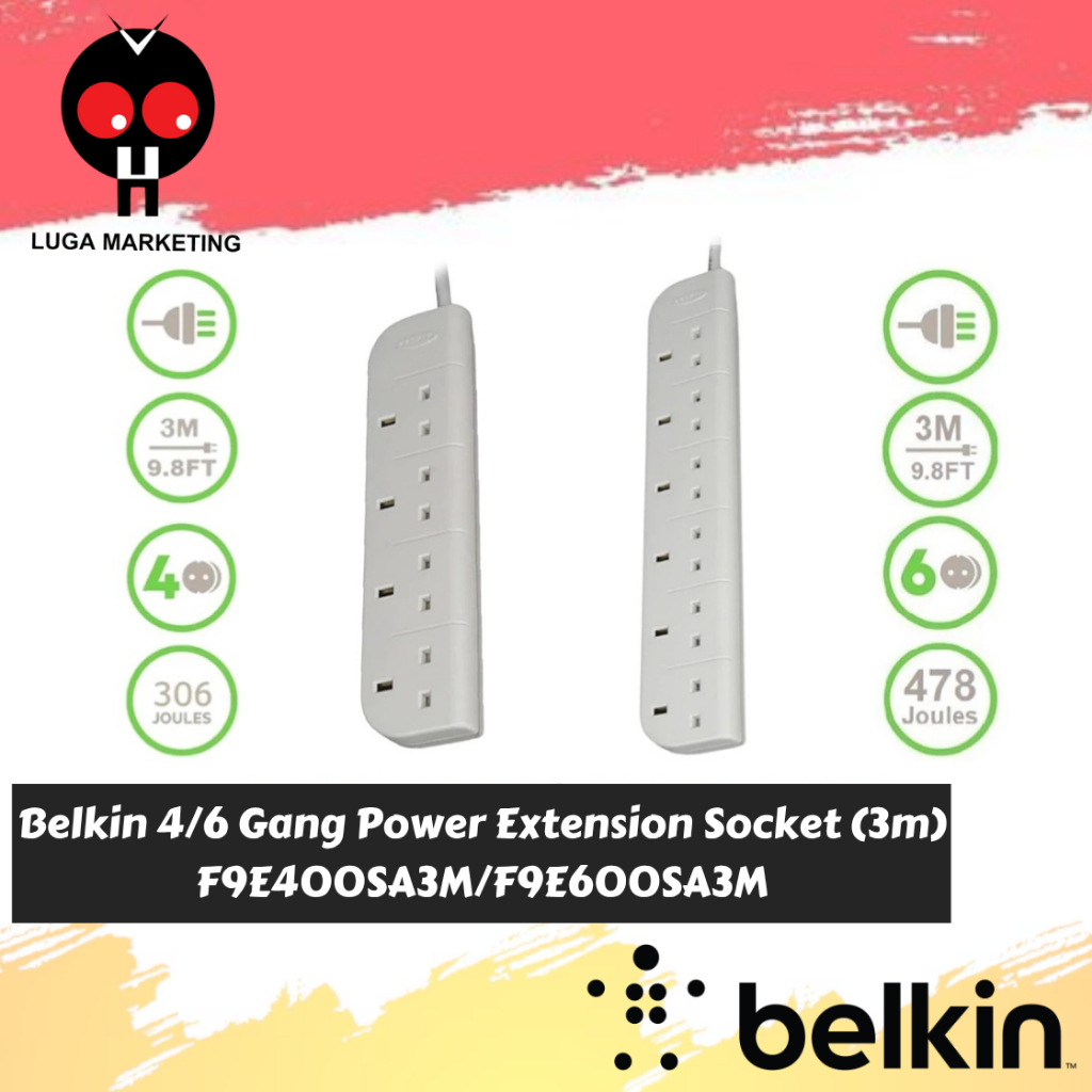 Belkin 4/6 Gang Power Extension Socket with Lightning (3m) F9E400SA3M ...