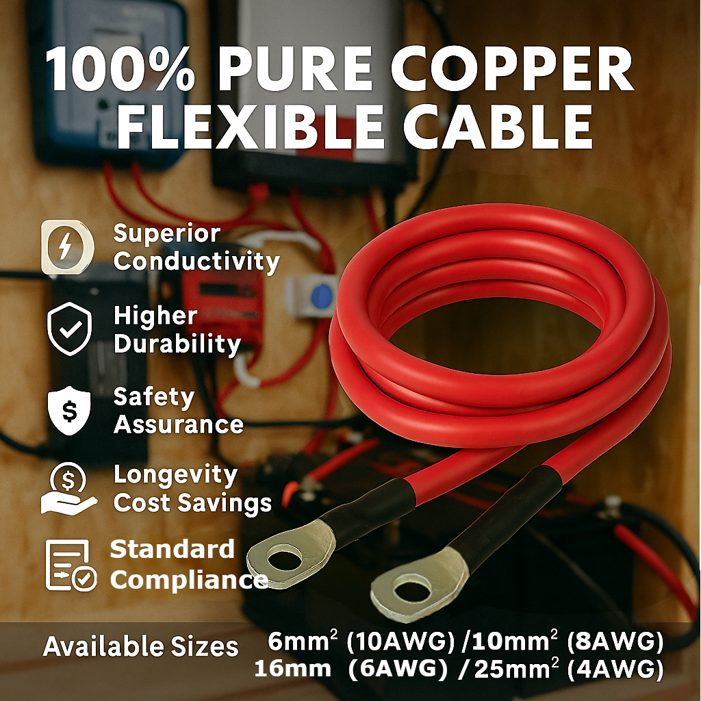 6mm2 (10AWG) / 10mm2 (8AWG) / 16mm2 (6AWG) / 25mm2 (4AWG) 100% Pure Copper Flexible Battery ...