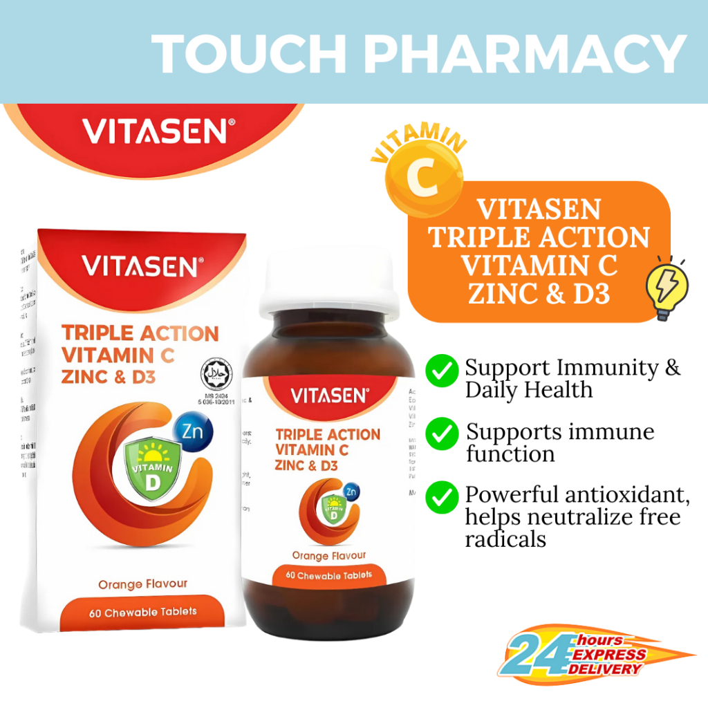 VITASEN Triple Action Vitamin C Zinc & D3 Chewable Tablet Orange ...