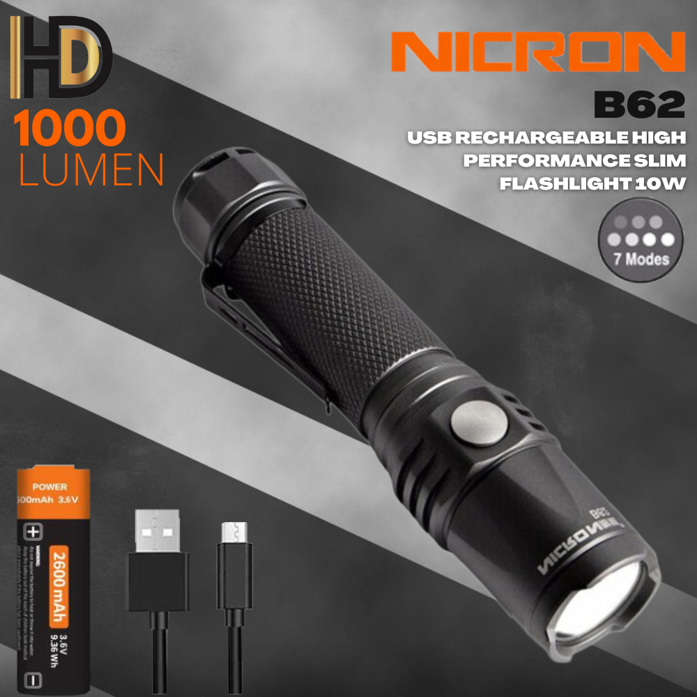 NICRON B62 Rechargeable Pocket Clip Flashlight / 1000 Lumen / 1 Year ...