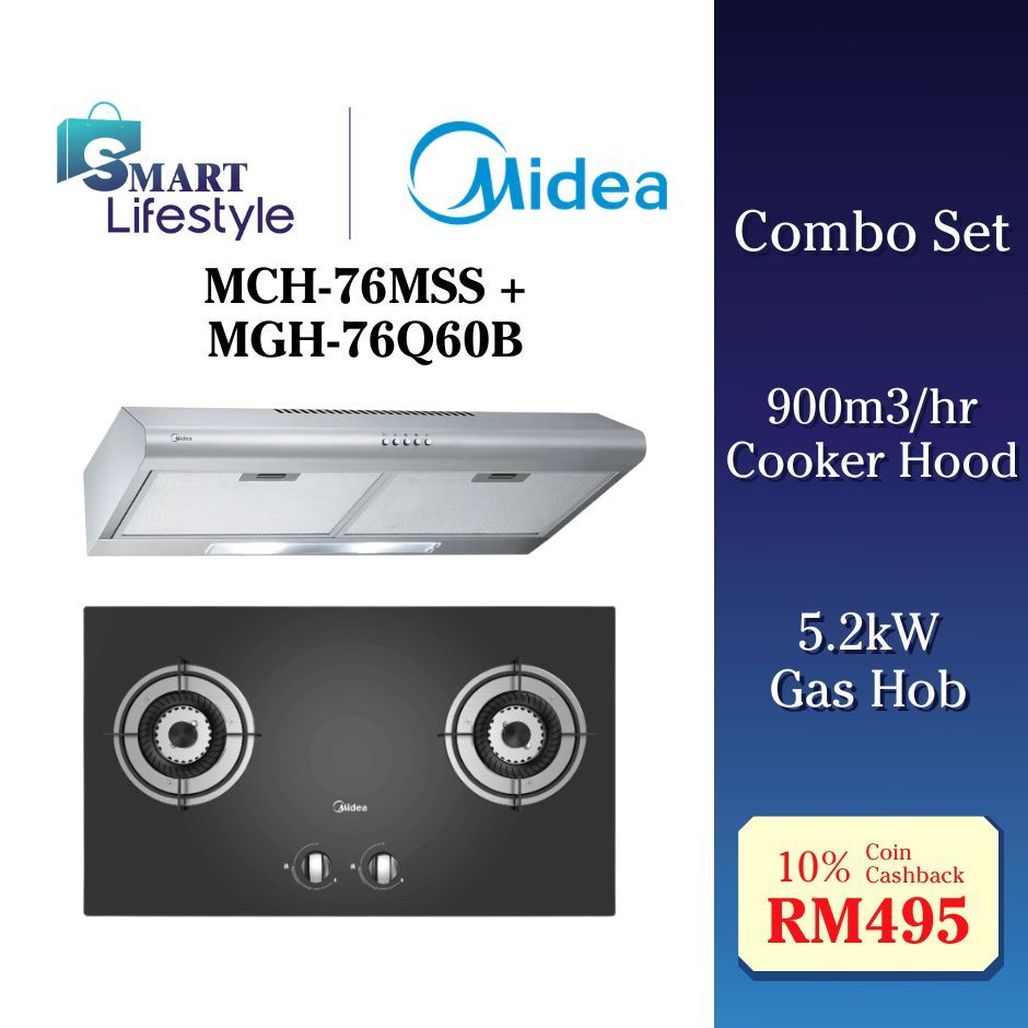 Midea Slim Cooker Hood MCH-76MSS + Built-in Gas Hob Midea 5.2kW MGH ...