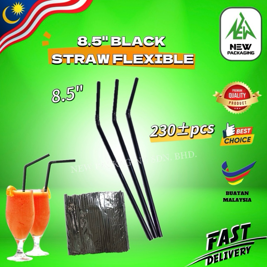 Penyedut Hitam Boleh Lentur 8.5" [±230pcs] – 8.5" Black Flexible Straw ...