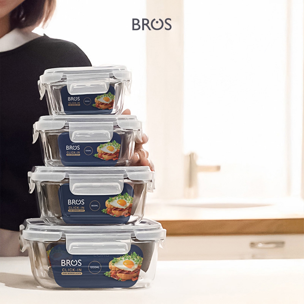 BROS Container Glass Click-In Square | High Durability Food Safe Glass ...