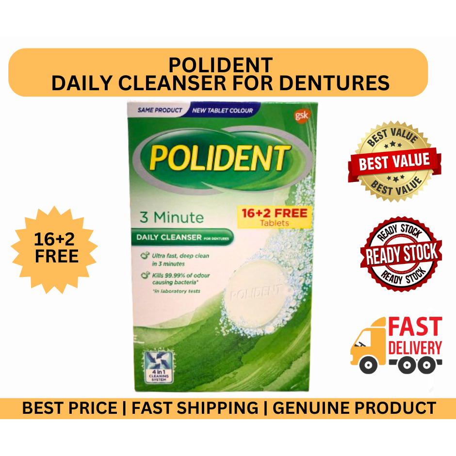 POLIDENT DAILY CLEANSER FOR DENTURES ( 16+2 FREE TABLETS) | Shopee Malaysia