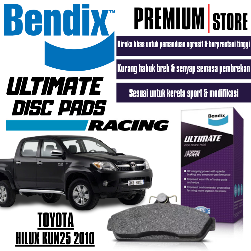 Original Bendix Ultimate+ Front Set Disc Pads - Toyota Hilux KUN26 2.5 ...