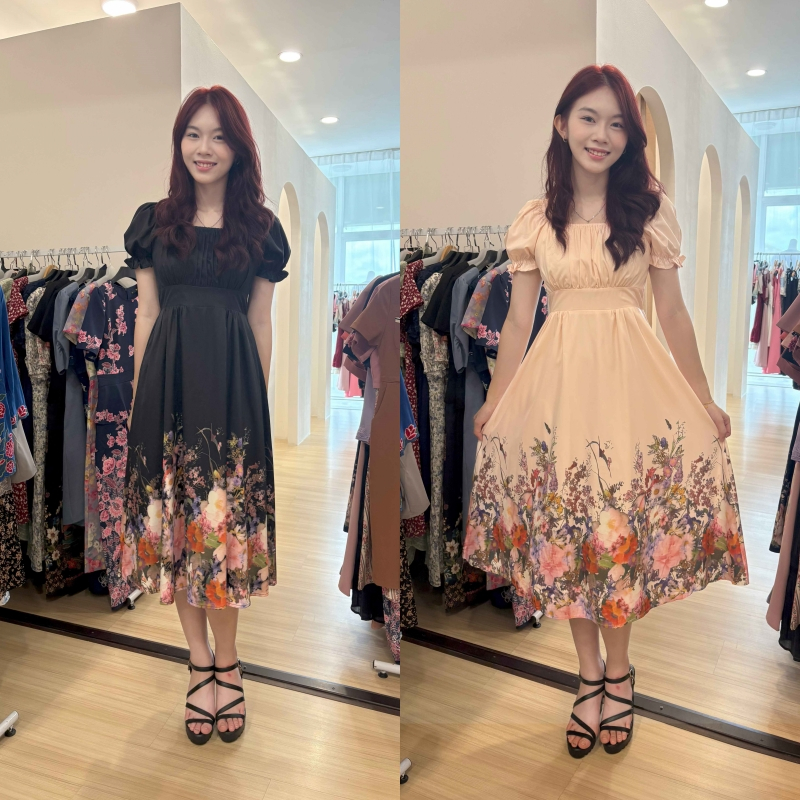 Premium quality scoop neck simple floral midi dress with pocket ...