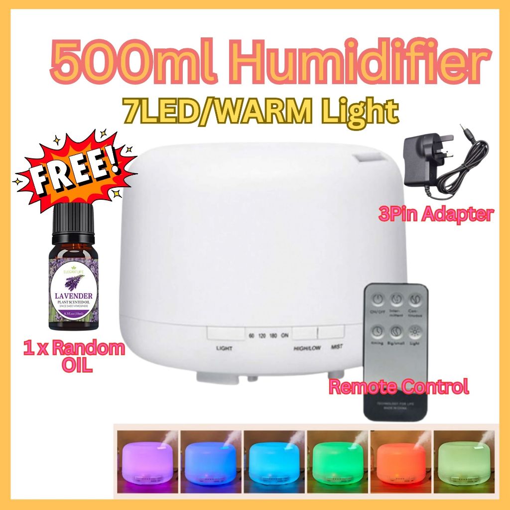[FREE OIL] 500ML LED Air Humidifier (With Remote)3pin Adapter/USB Cable ...