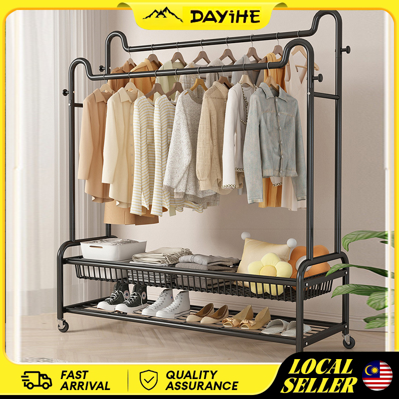 Dayihe Double Poles Metal Clothes Rack Heavy Duty Double Rod Hanging