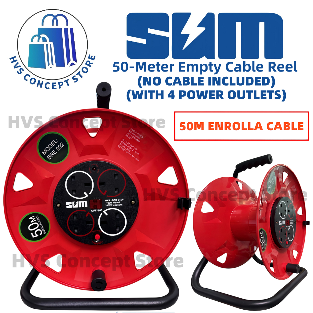 SUM 50-Meter Empty Cable Reel with 4 Power Outlets (NO CABLE INCLUDED ...