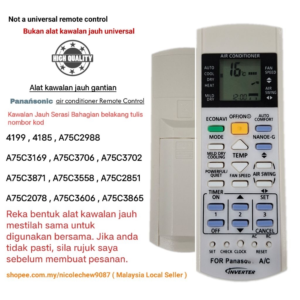 Compatible Panasonic inverter Replacement Remote Control 4199 / 4185 ...