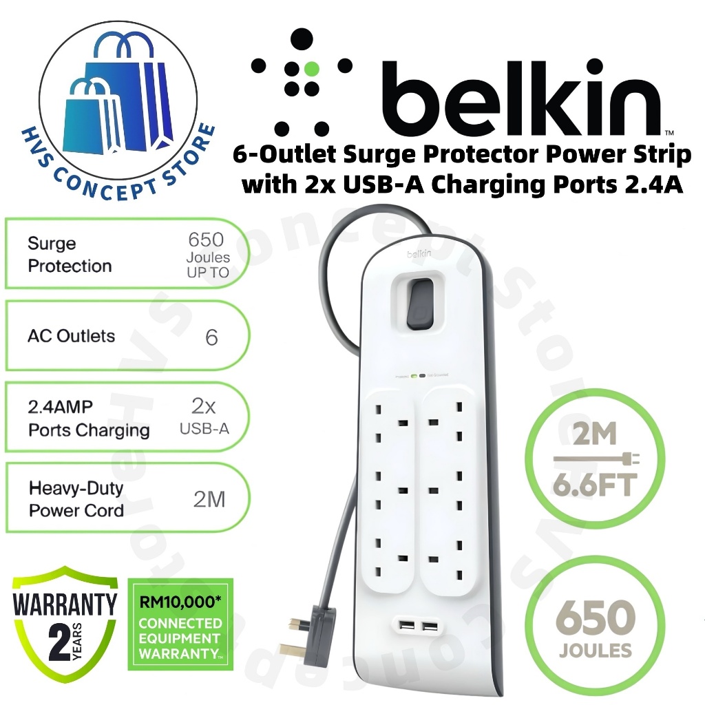 BELKIN 6-OUTLET SURGE PROTECTOR POWER STRIP WITH 2x USB-A CHARING PORTS ...