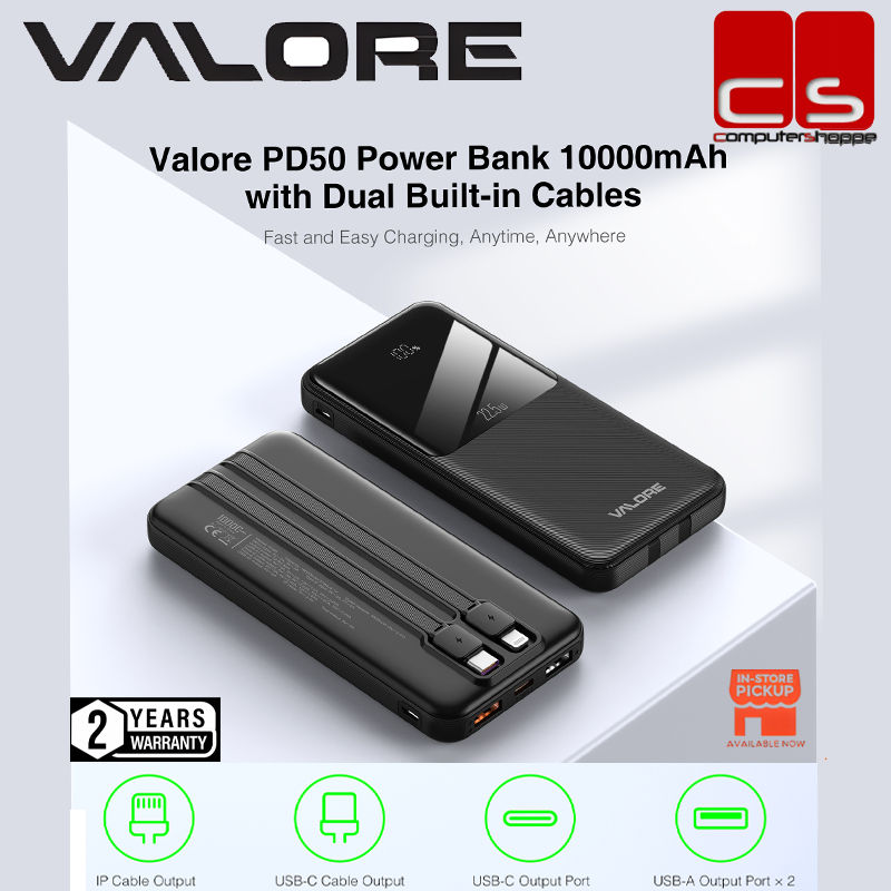 Valore PD50 (PD20W 10000mAh Power Bank with Dual Built-in Cables ...