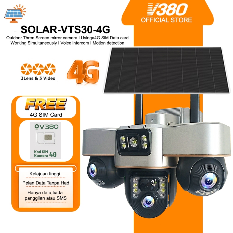 V380 Pro Solar Wireless IP66 Outdoor waterproofing VTS30 Three lens Wifi CCTV Camera Built-in ...