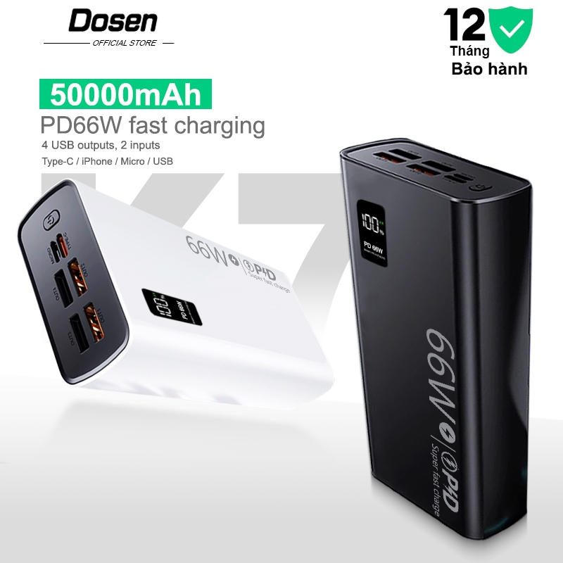 DOSEN Quality 66W Super Fast Charging Power Bank K7 Black/White QC 3.0Type-C Input USB (50000mAh ...
