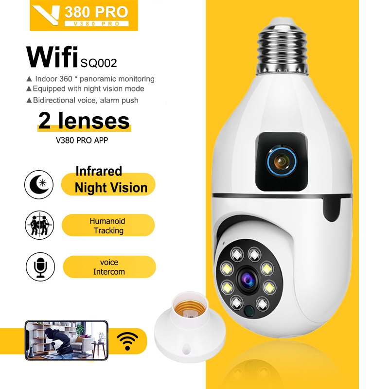V380 Pro SQ002 CCTV Dual Lens Bulb Camera 360°Rotate Light Bulb 1080P ...