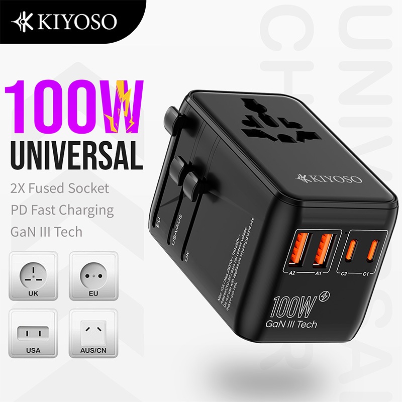 KIYOSO 100W Universal Travel Adapter International Plug 2500W 2 Type-C ...