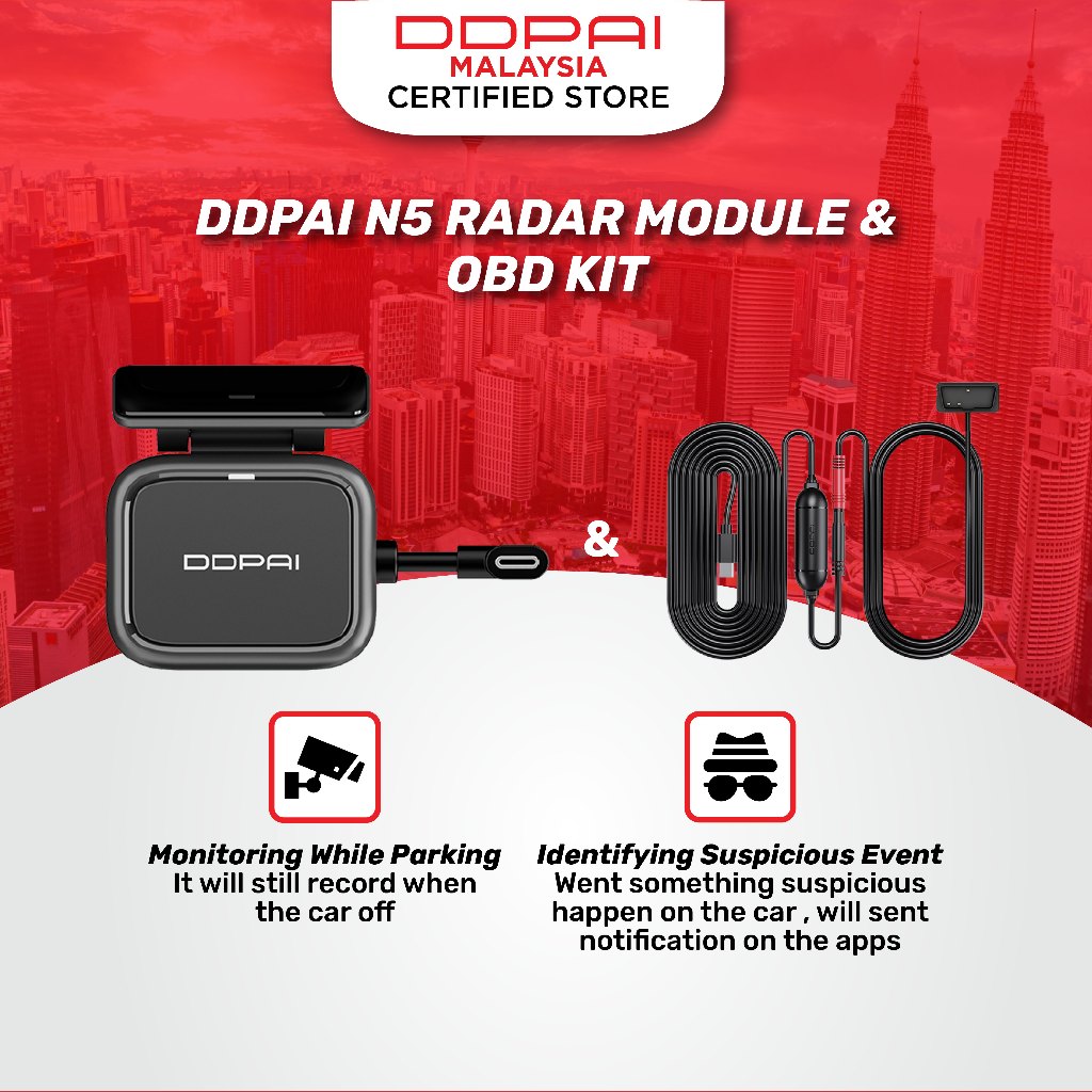 DDPAI N5 Dual Radar Module OBD Hardwire Kit 24H Parking Monitoring AI ...
