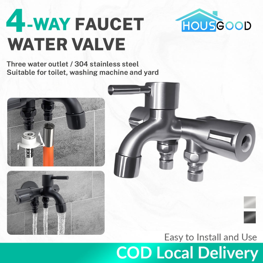 [HOUSGOOD] SUS 304 4 Way Faucet Water Tap Valve Adapter Basin Stainless ...
