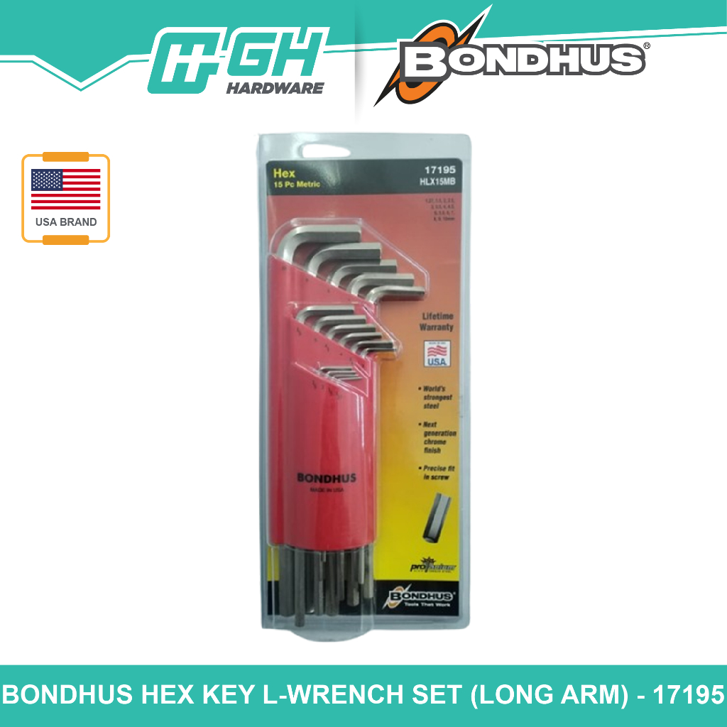 [ GH HARDWARE ] BONDHUS 17195 (HLX15MB) Hex Key L Wrench Set (Long Arm ...