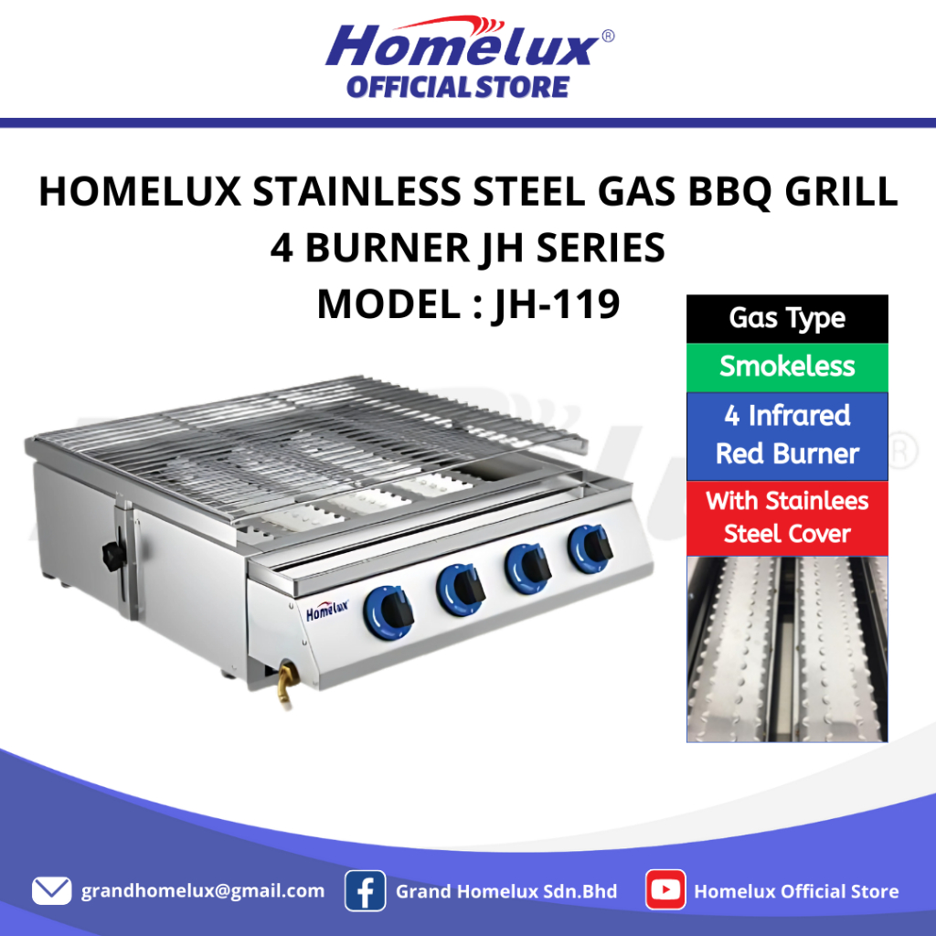 HOMELUX STAINLESS STEEL GAS BBQ GRILL 4 BURNER JH SERIES JH-119 ...