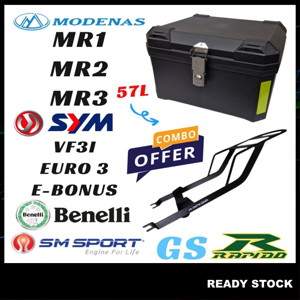 (MODENAS SM SPORT SYM) GS 57L Kotak Top Box Motorcycle+RAPIDO Monorack ...