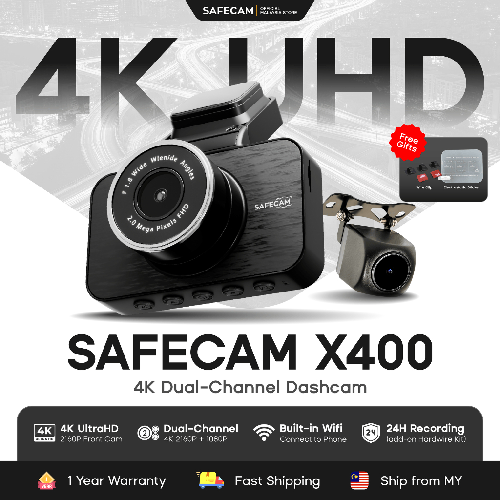 【UPGRADED TO 4K 2160P】SAFECAM X400 Dual Dashcam 4K Front + 1080P Rear ...