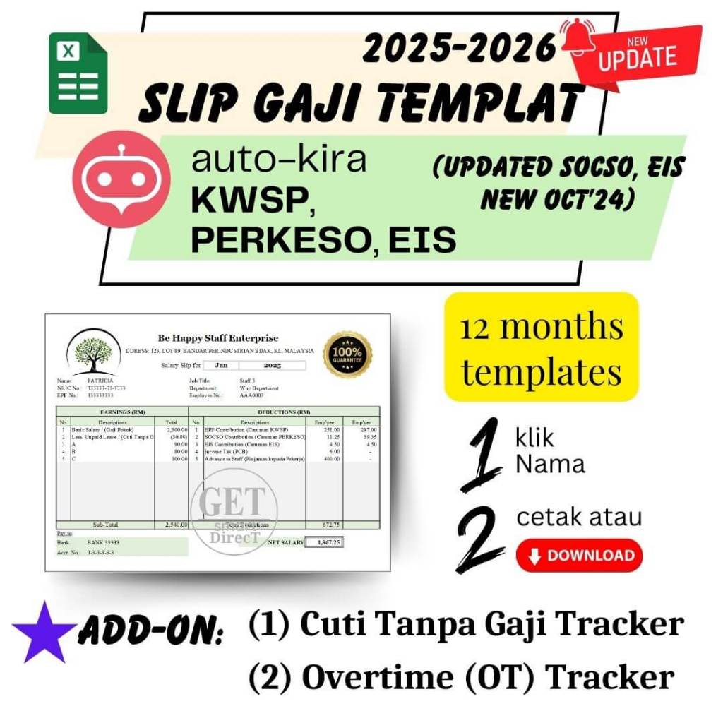 Slip Gaji Template + Overtime + Cuti Tanpa Gaji Tracker, Auto-fill KWSP, PERKESO, Payroll, Excel ...