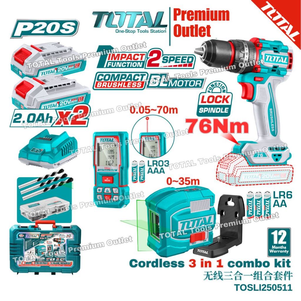 TOTAL Tools Limited Edition 3 in 1 COMBO set ( 76Nm Compact BL Cordless ...