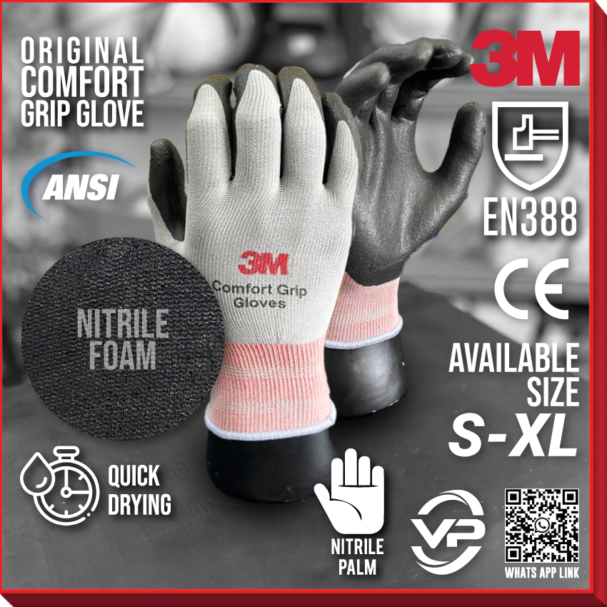 3M COMFORT GRIP GLOVES SIZE S, M, L, XL SARUNG TANGAN FIT NIPIS GETAH ...