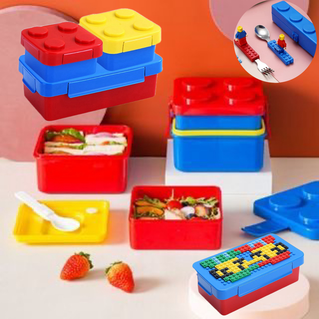 Double Layer Color Lego Building Block Bento Lunch Box with Spoon ...