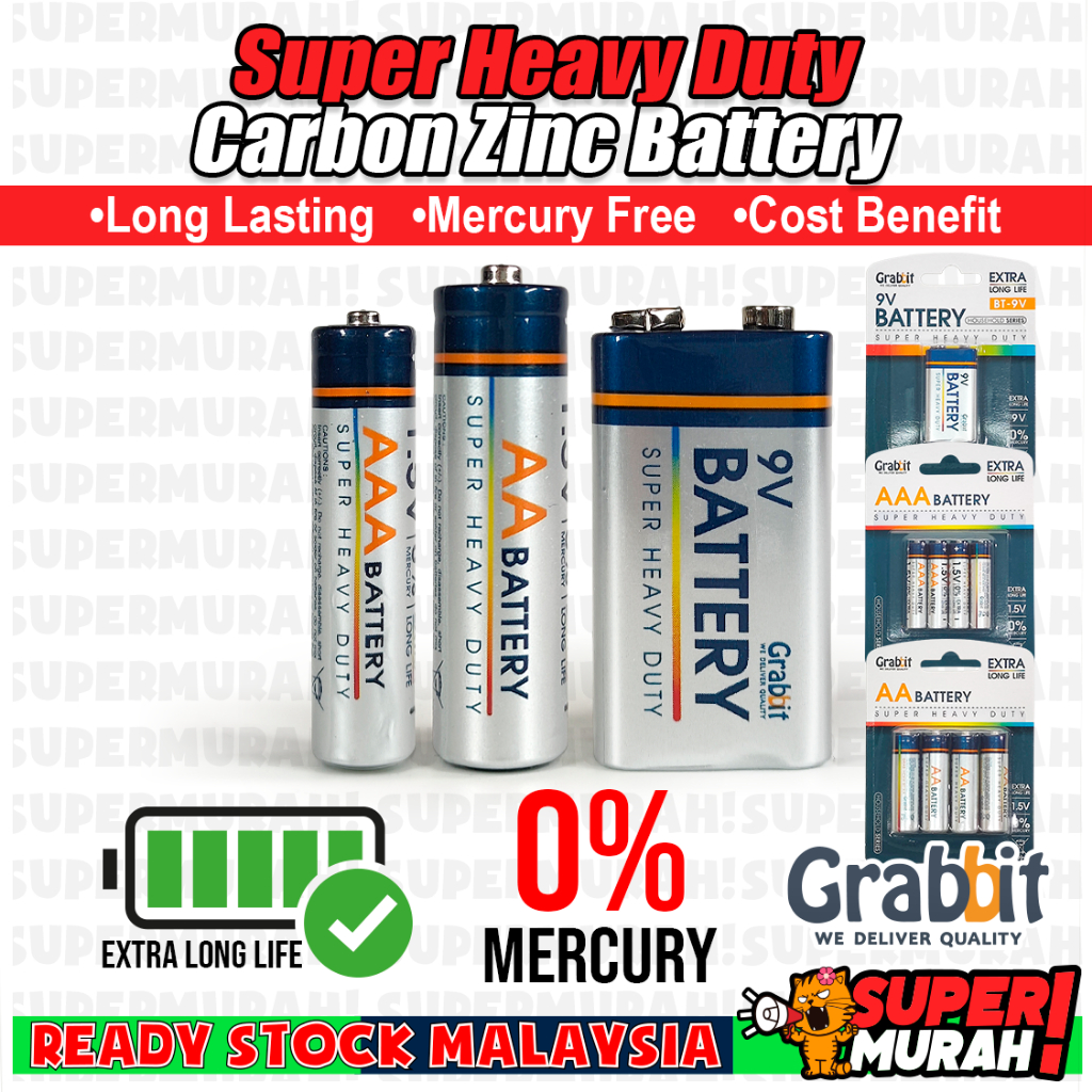 Grabbit Super Heavy Duty Carbon Zinc Batteries Extra Long-Life Battery Bateri AAA Battery AA ...