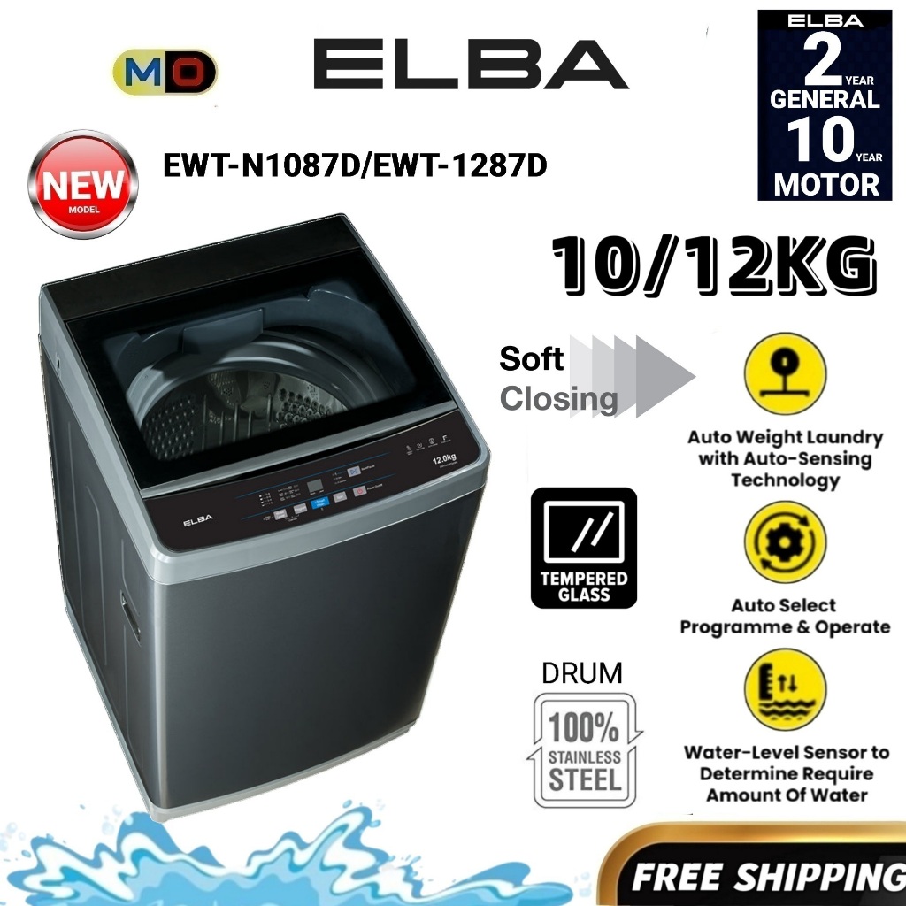 ELBA 10/12KG Fully Automatic Washing Machine EWT-N1087D(GR)/EWT-N1287D ...