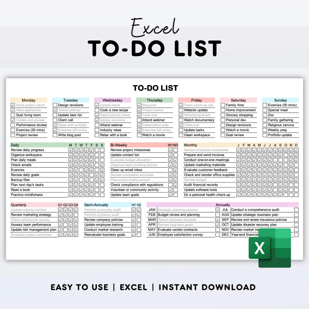 Digital To-Do List Excel Template Daily Weekly Monthly Annually Task ...