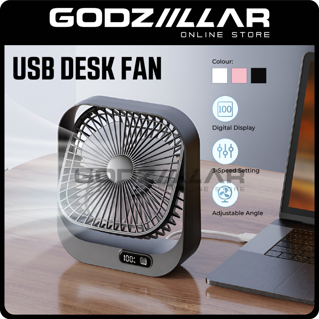 3 Speed USB Desk Fan Square Adjustable 180° Rotation Table Fan Portable ...