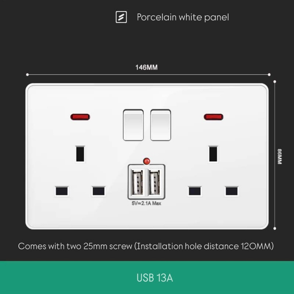 [PORCELAIN WHITE] WALL SWITCH/ Single/Double Switch Socket with 13A USB ...