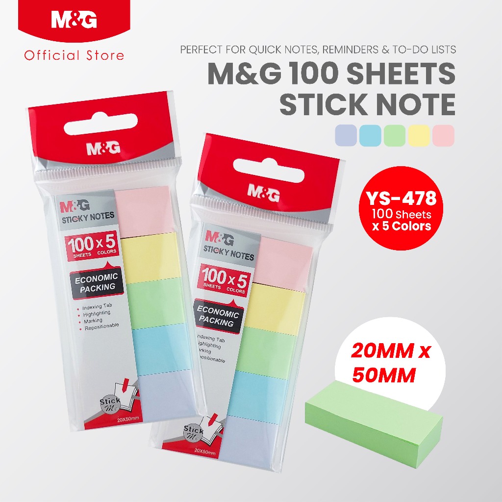 M&G Sticky Notes 100 Sheets x 5 Colors, 20 x 50mm Indexing Tabs (YS-478 ...