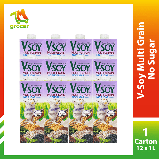 V-SOY No Sugar Added Multigrain Soya Bean Milk UHT 1 Carton (12 x 1L ...