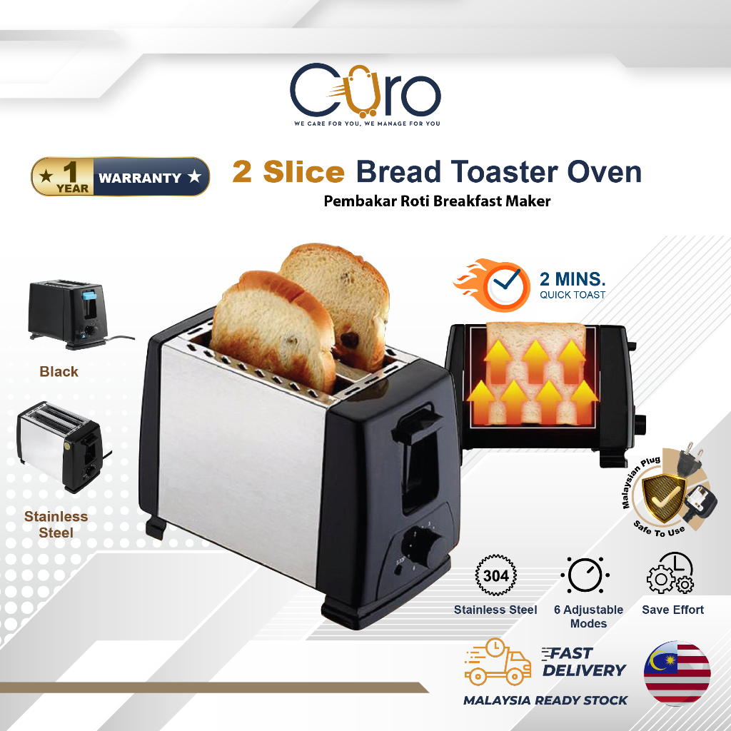 CURO 2 Slice Bread Toaster Oven Stainless Steel Pembakar Roti Electric ...