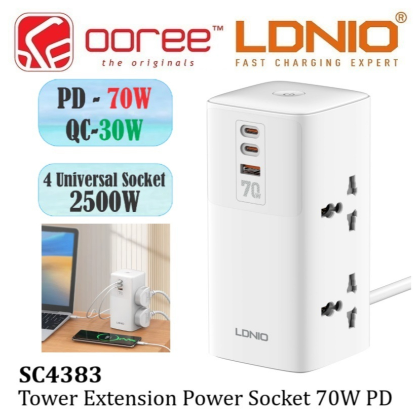 LDNIO SC4383 TOWER EXTENSION POWER SOCKET 70W 2USB-C TYPE C & USB-A ...