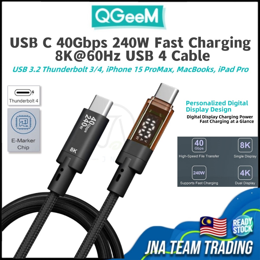 Qgeem Thunderbolt 4 USB C E-Marker 40Gbps USB 4 Cable 240W Fast Charging and 8K@60Hz Video ...