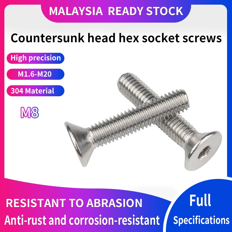 304 Stainless Steel M8 Countersunk Screw Flat Head Screw Allen Bolt DIN7991 Skru | Shopee Malaysia