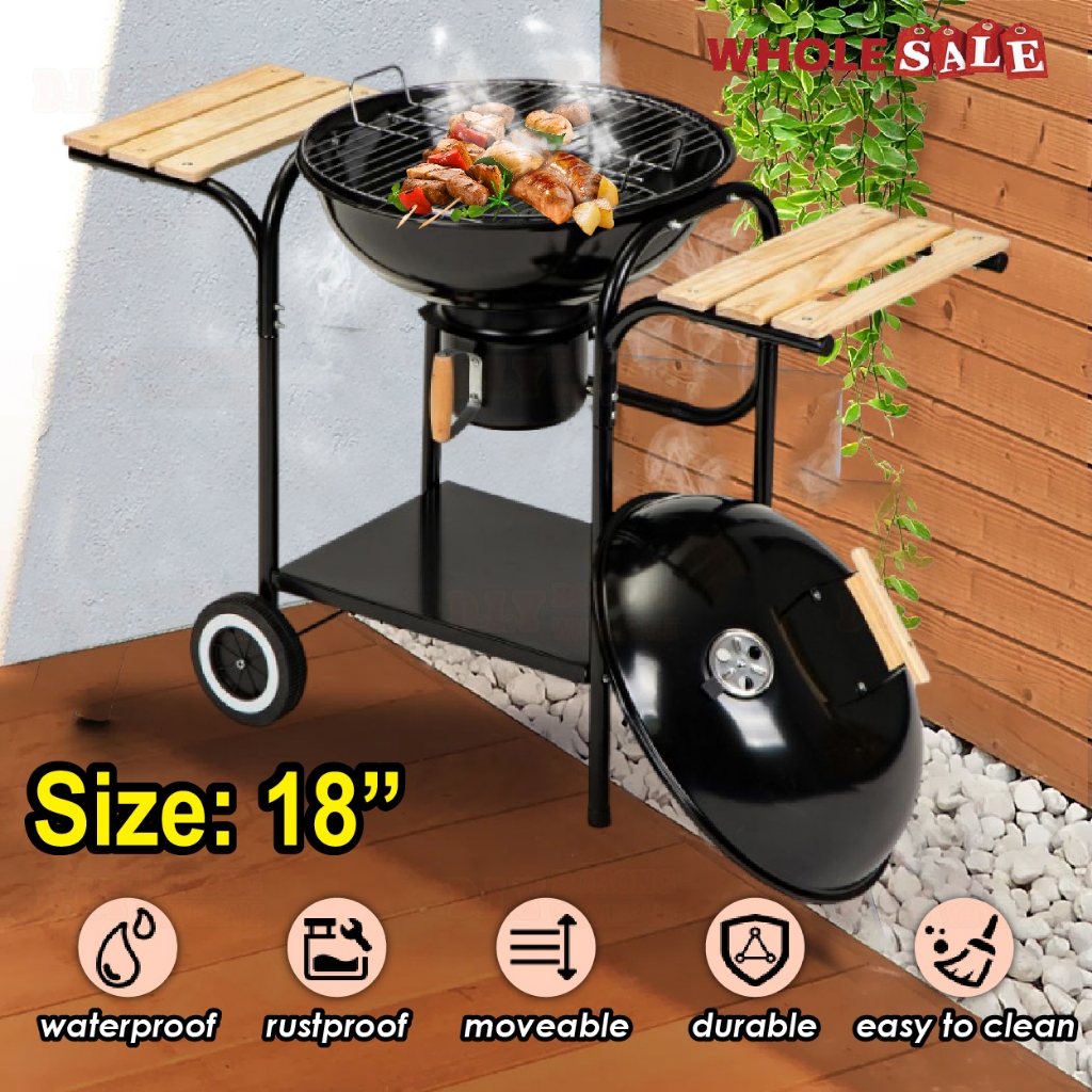 18" Trolley Barbecue Grill Stainless Steel Charcoal BBQ Grilling with 2 ...