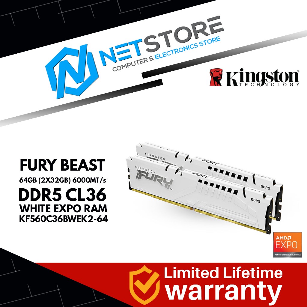KINGSTON FURY BEAST 64GB 6000MT/s DDR5 CL36 DIMM (Kit of 2) FURY Beast White EXPO ...