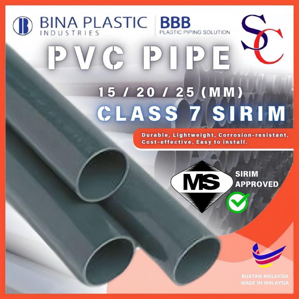 SC Bina Plastic Grey PVC Sirim Pipe 15MM (1/2") / 20MM (3/4") /25MM (1") Class 7 Sirim | PVC ...