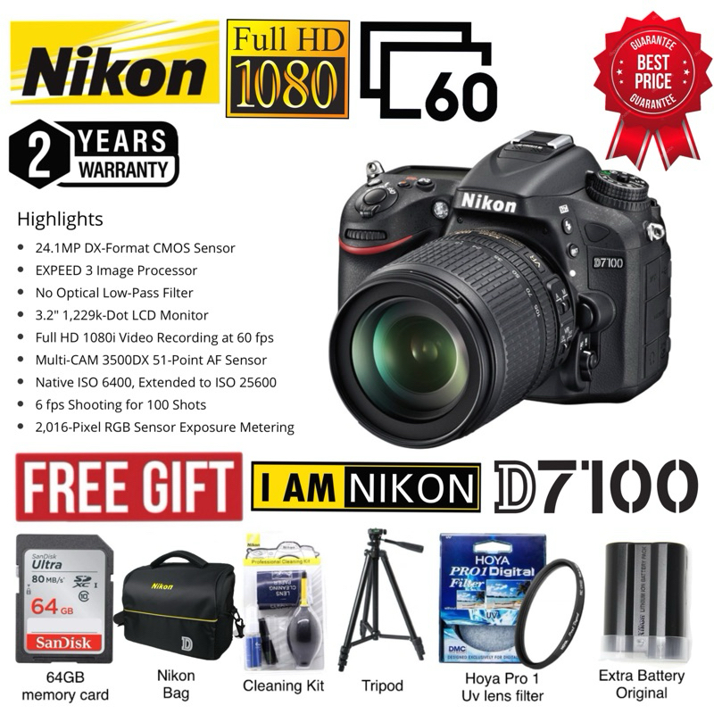 Nikon D7100 18-105mm 24.1 mp original professional kit set new and original + extra battery ...