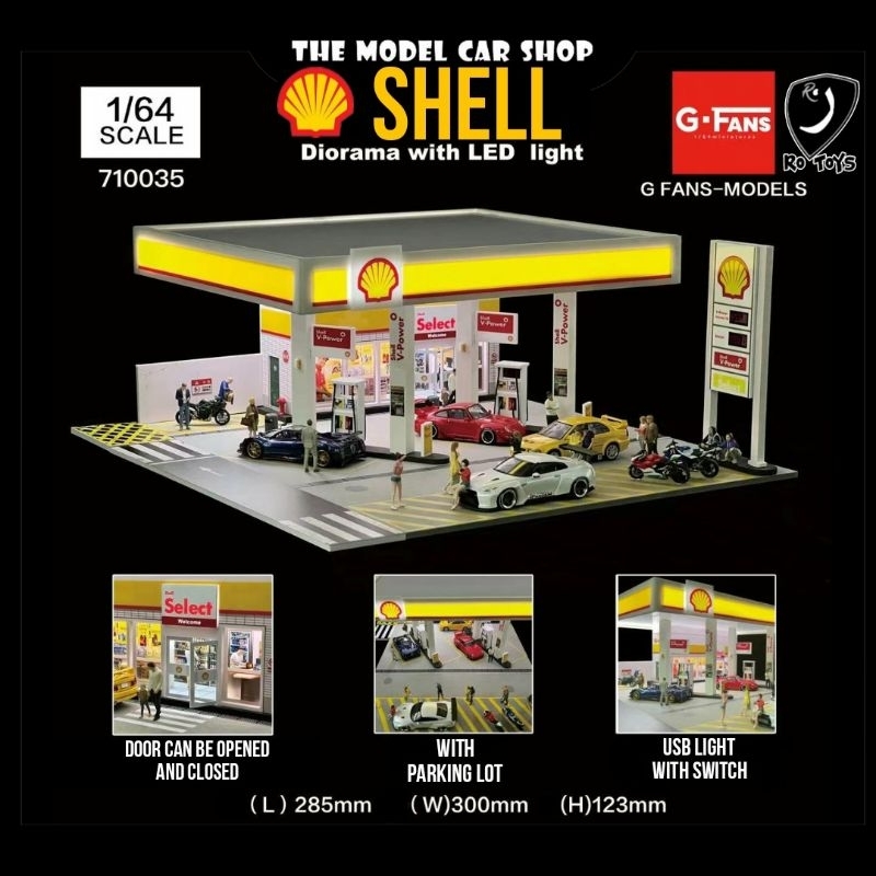GFANS SHELL GAS STATION 1/64 DIORAMA WITH USB LIGHTS AND PARKING LOT ...