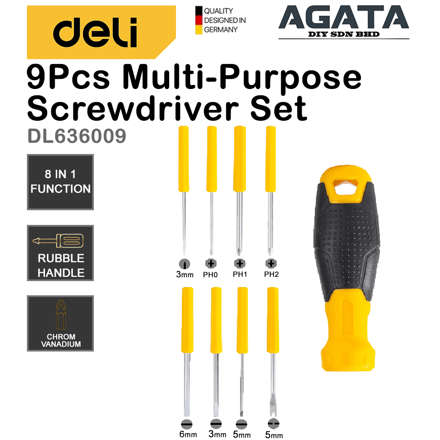 DELI 9 Pcs Screwdriver Set DL636009 (Philips, Slotted, Y-Shaped, Point ...