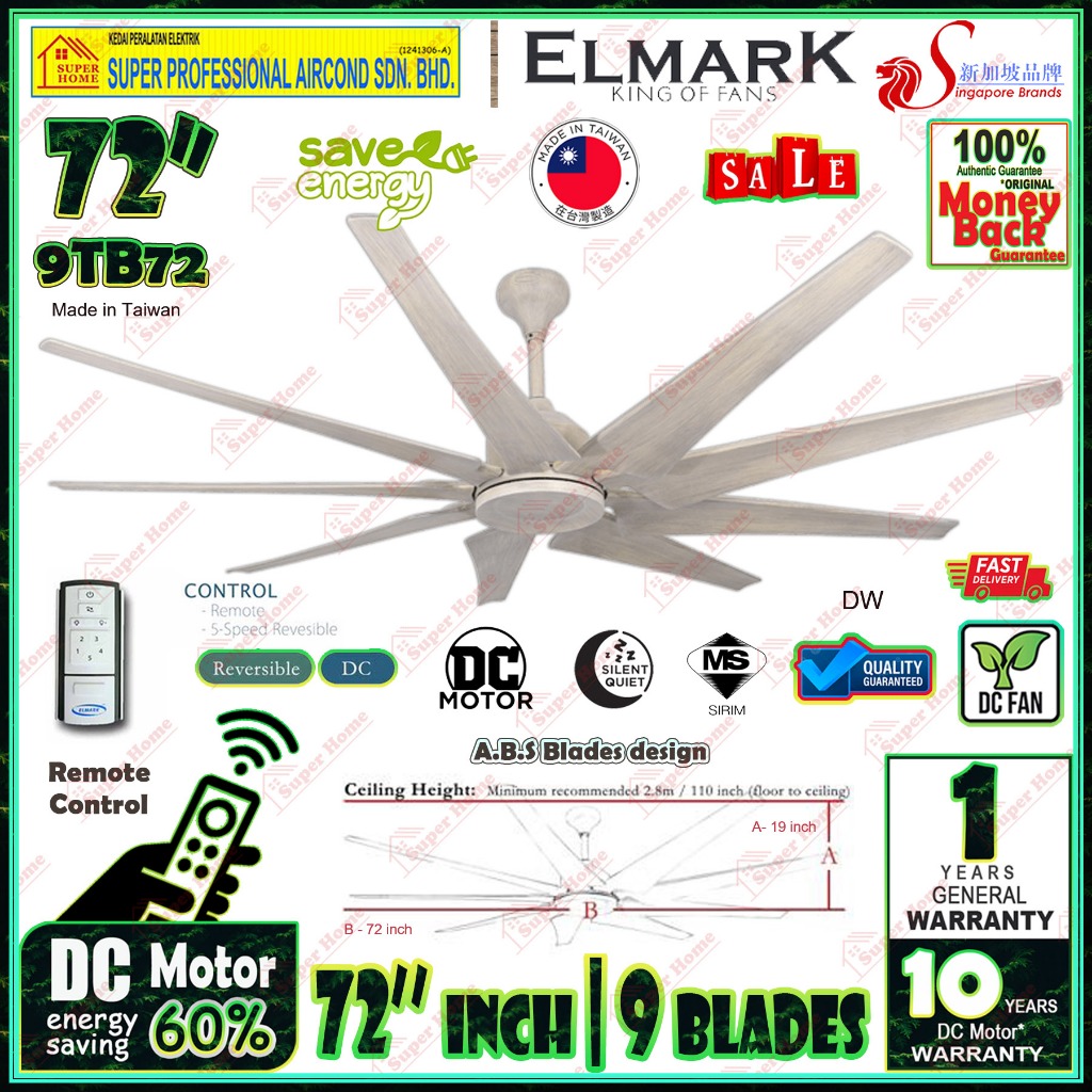 Elmark DC Fan 9TB72 DW 72 inches 9-blade Remote Control Ceiling Fan ...