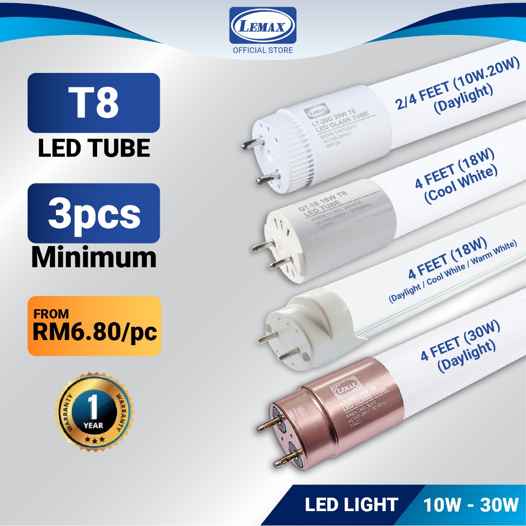LEMAX T8 LED Tube (2FT/4FT) 10W, 18W, 20W, 30W Lampu Kalimantang Bulb Siling 2, 4 Kaki | Shopee ...